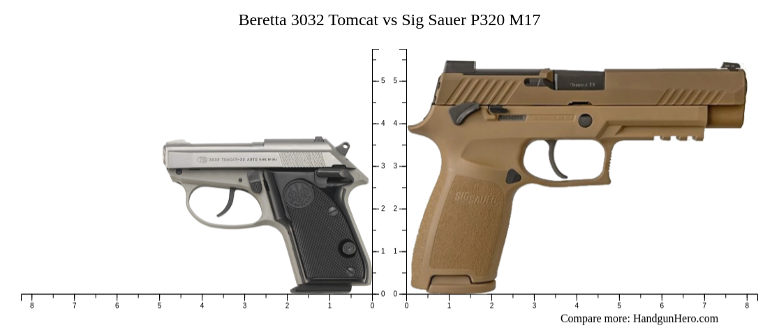 Beretta 3032 Tomcat vs Sig Sauer P320 M17 size comparison | Handgun Hero