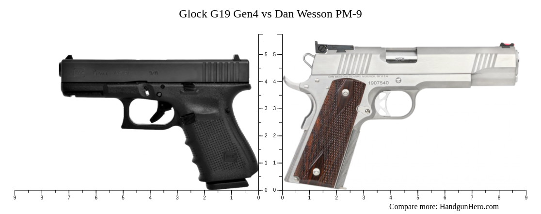 Glock G19 Gen4 vs Dan Wesson PM-9 size comparison | Handgun Hero