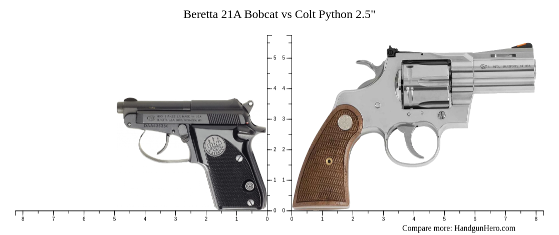 Beretta 21A Bobcat vs Colt Python 2.5" size comparison | Handgun Hero