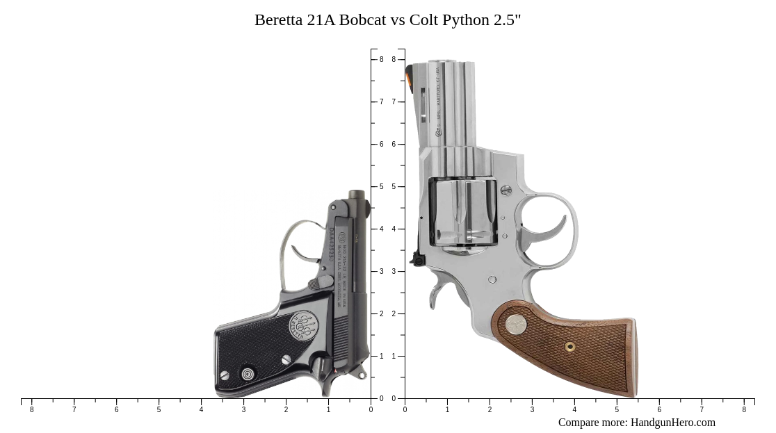 Beretta 21A Bobcat vs Colt Python 2.5" size comparison | Handgun Hero