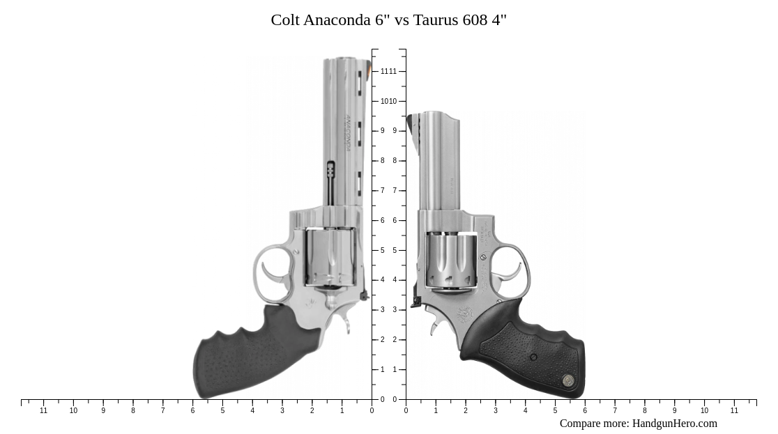 Colt Anaconda 6" vs Taurus 608 4" size comparison | Handgun Hero