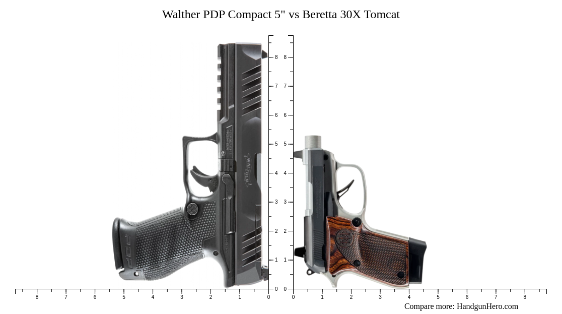 Walther PDP Compact 5" vs Beretta 30X Tomcat size comparison | Handgun Hero