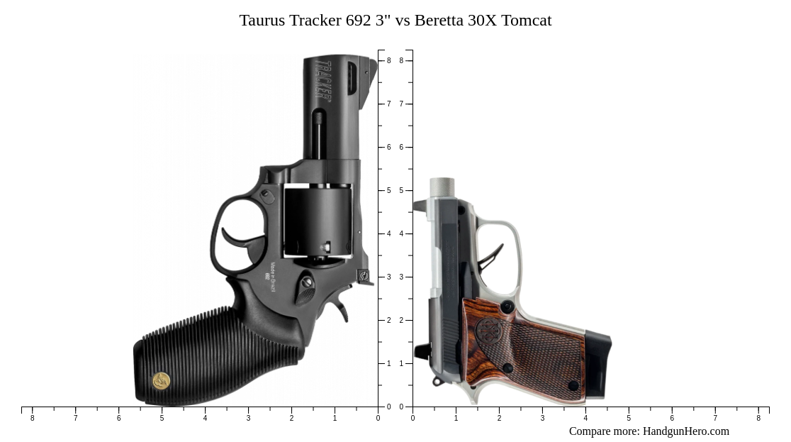 Taurus Tracker 692 3" vs Beretta 30X Tomcat size comparison | Handgun Hero