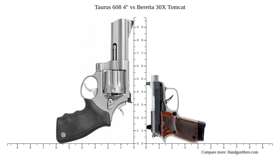 Taurus 608 4" vs Beretta 30X Tomcat size comparison | Handgun Hero