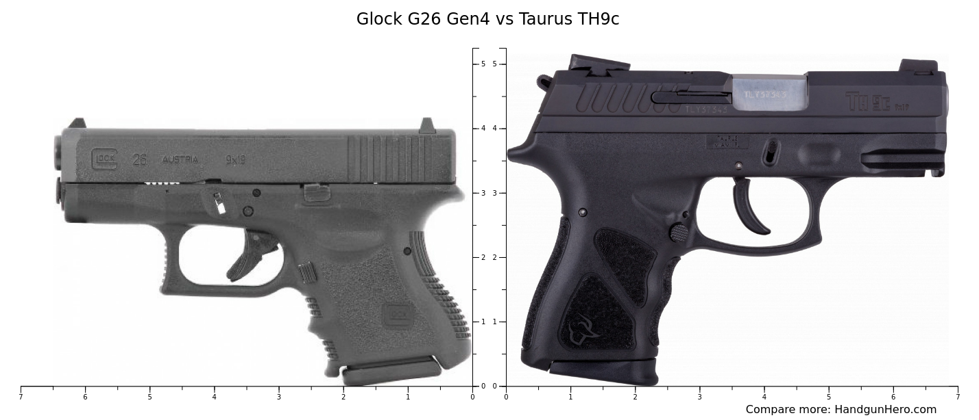 Glock G26 Gen4 vs Taurus TH9c size comparison | Handgun Hero