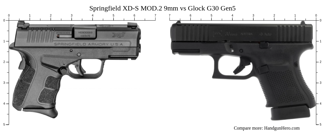 Springfield XD-S MOD.2 9mm vs Glock G30 Gen5 size comparison | Handgun Hero