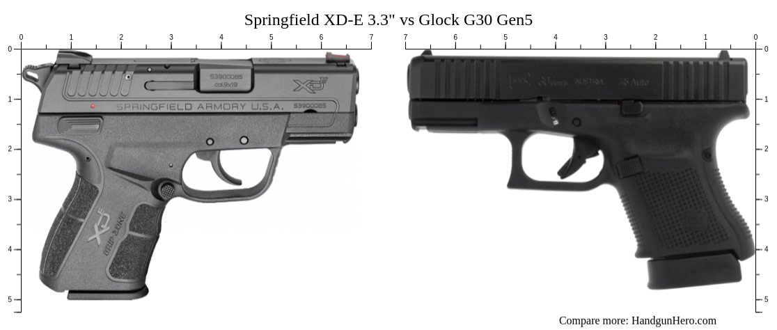 Springfield XD-E 3.3" vs Glock G30 Gen5 size comparison | Handgun Hero