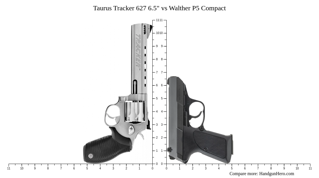 Taurus Tracker 627 6.5" vs Walther P5 Compact size comparison | Handgun Hero