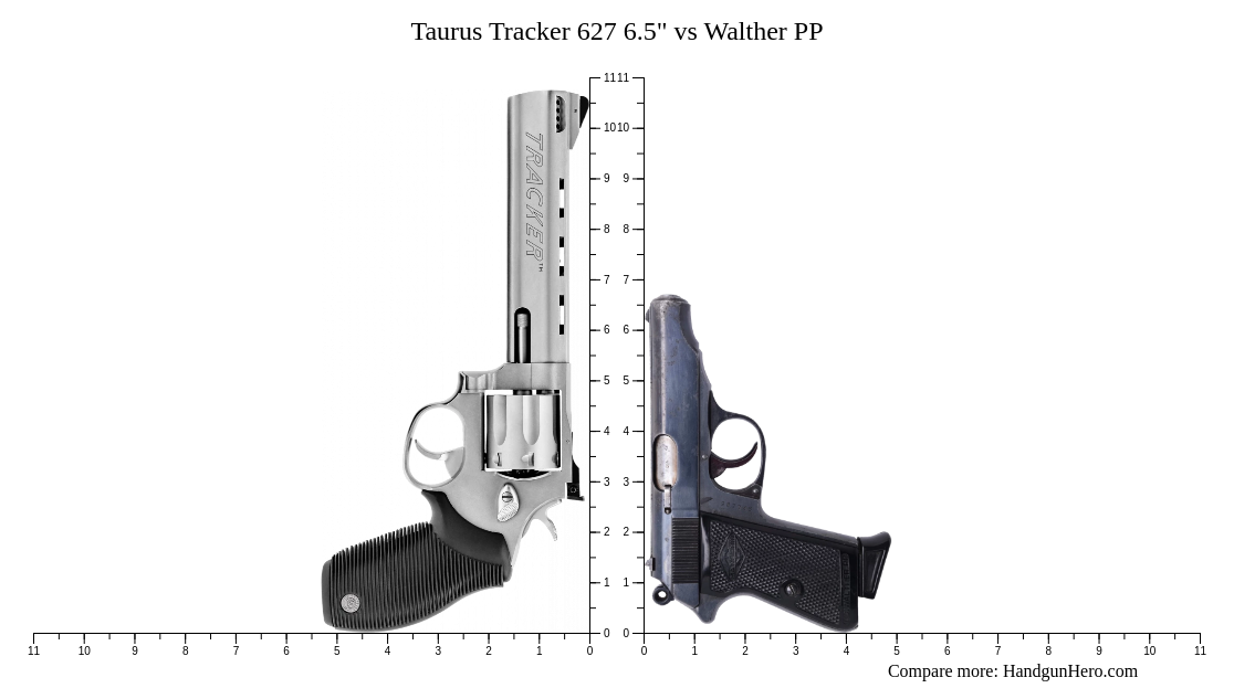 Taurus Tracker 627 6.5" vs Walther PP size comparison | Handgun Hero