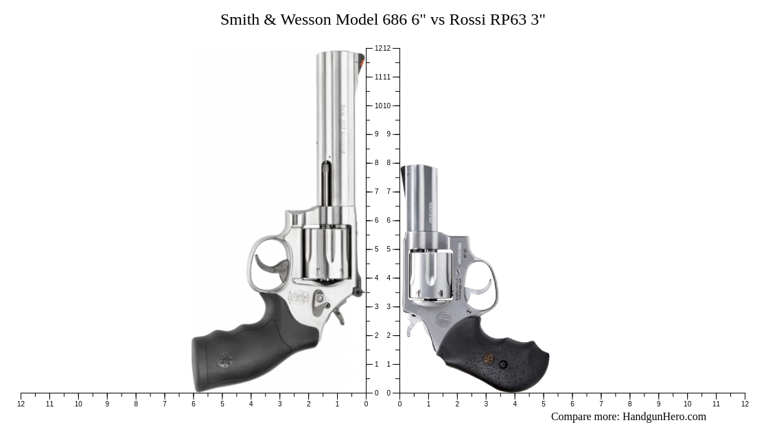 Smith & Wesson Model 686 6" vs Rossi RP63 3" size comparison | Handgun Hero