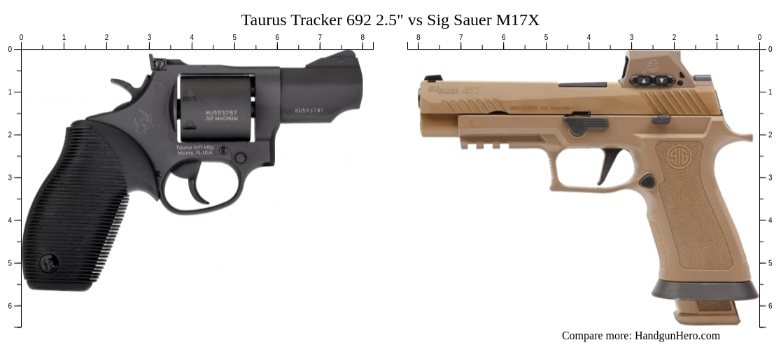 Taurus Tracker 692 2.5" vs Sig Sauer M17X size comparison | Handgun Hero