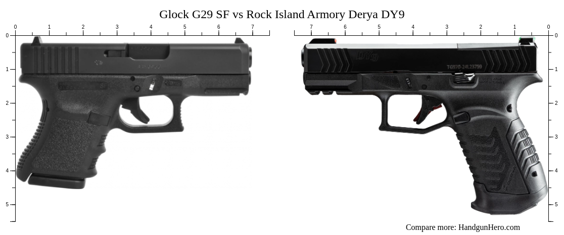 Glock G29 SF vs Rock Island Armory Derya DY9 size comparison | Handgun Hero
