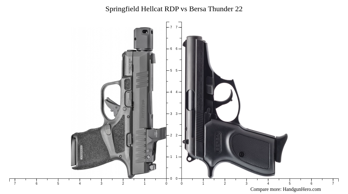 Springfield Hellcat RDP vs Bersa Thunder 22 size comparison | Handgun Hero