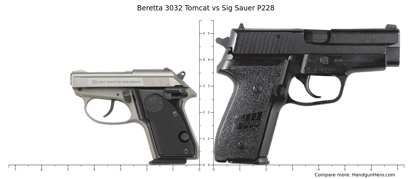 Beretta 3032 Tomcat vs Sig Sauer P228 size comparison | Handgun Hero