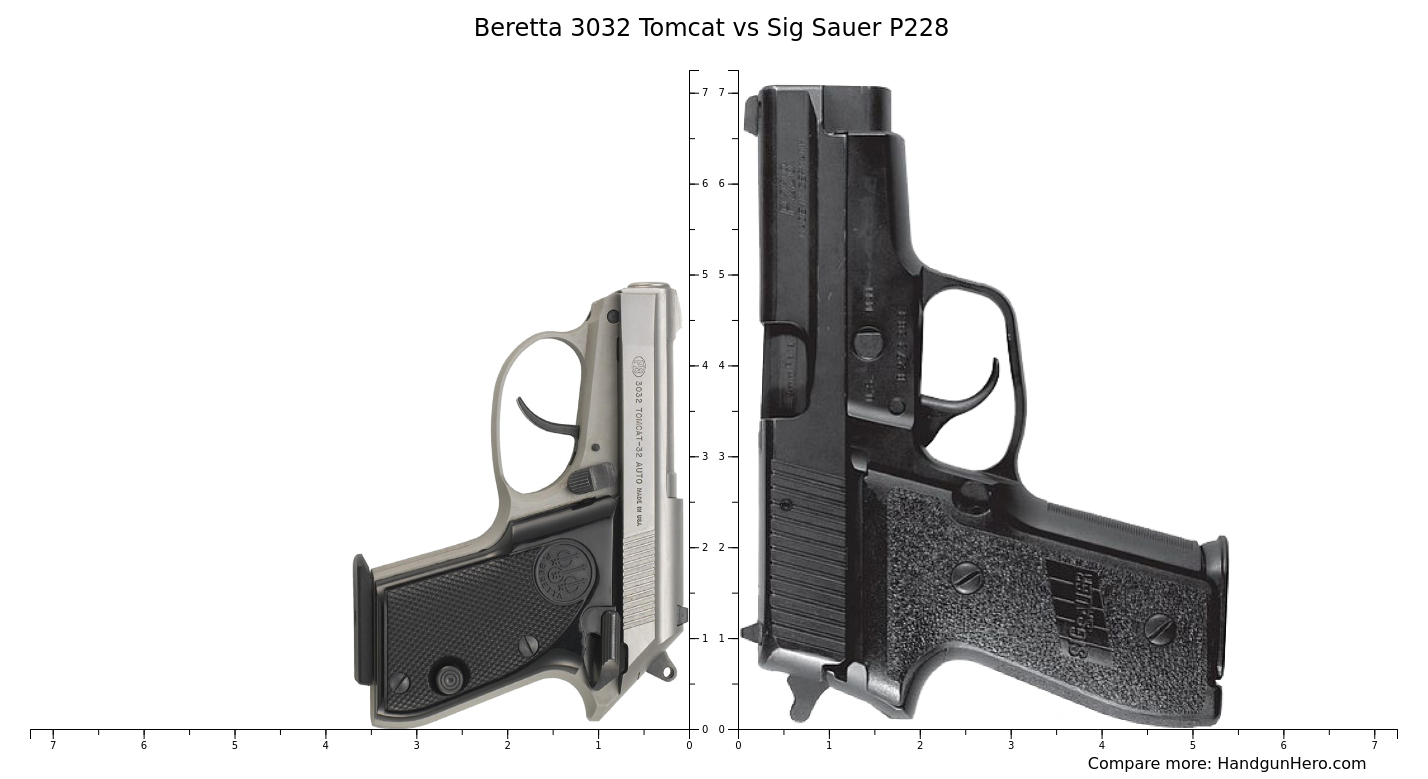 Beretta 3032 Tomcat vs Sig Sauer P228 size comparison | Handgun Hero