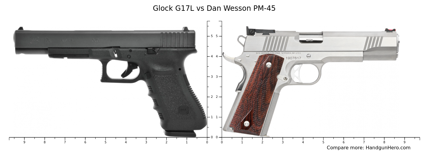 Glock G17L vs Dan Wesson PM-45 size comparison | Handgun Hero