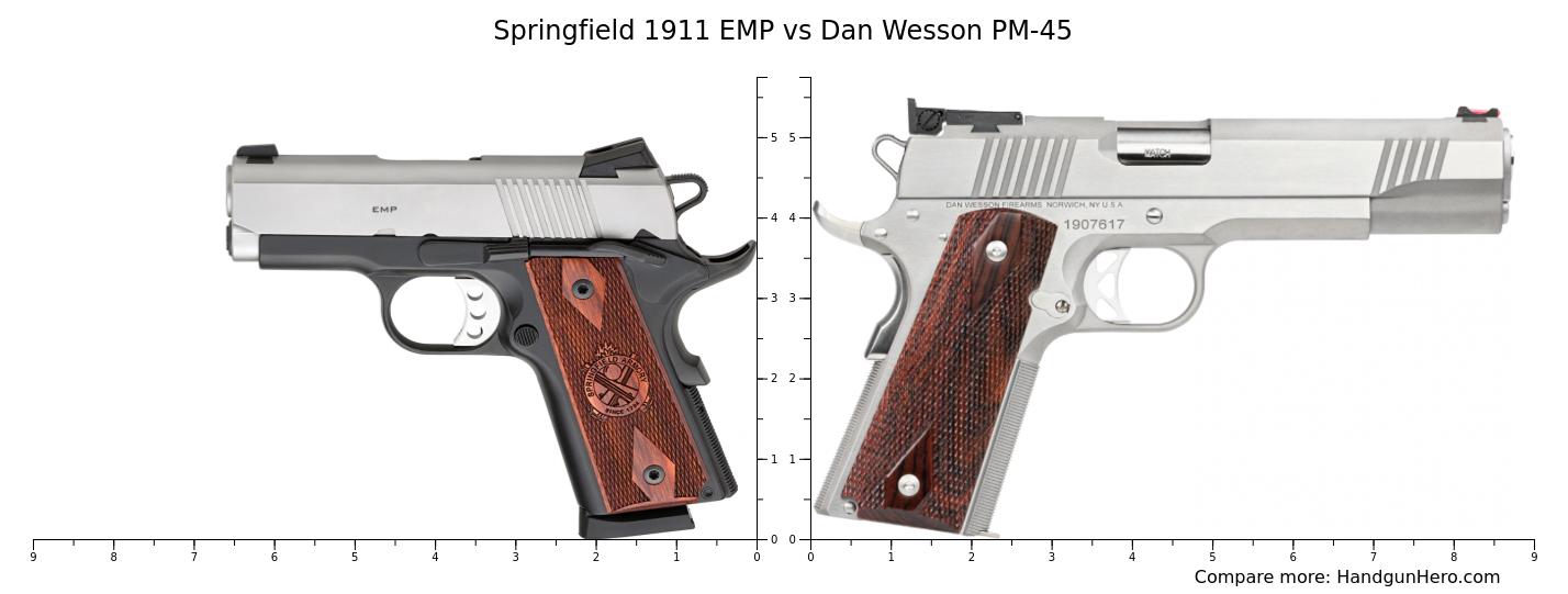 Springfield 1911 EMP vs Dan Wesson PM-45 size comparison | Handgun Hero