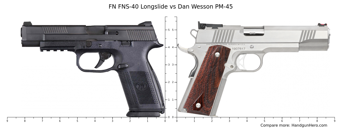 FN FNS-40 Longslide vs Dan Wesson PM-45 size comparison | Handgun Hero