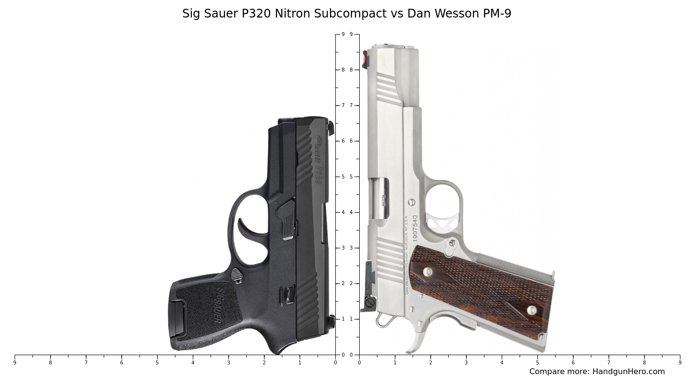 Sig Sauer P320 Nitron Subcompact vs Dan Wesson PM-9 size comparison | Handgun Hero