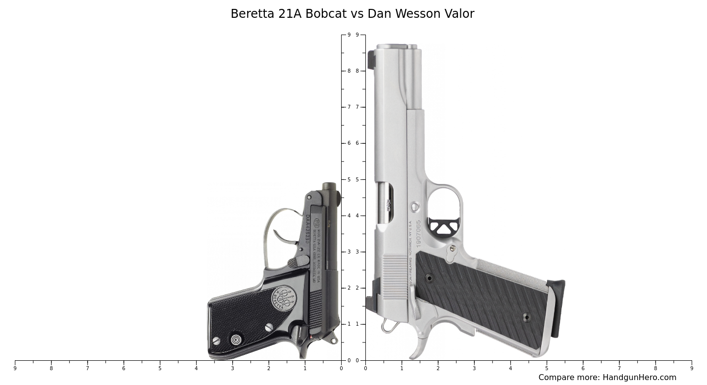 Beretta 21A Bobcat vs Dan Wesson Valor size comparison | Handgun Hero