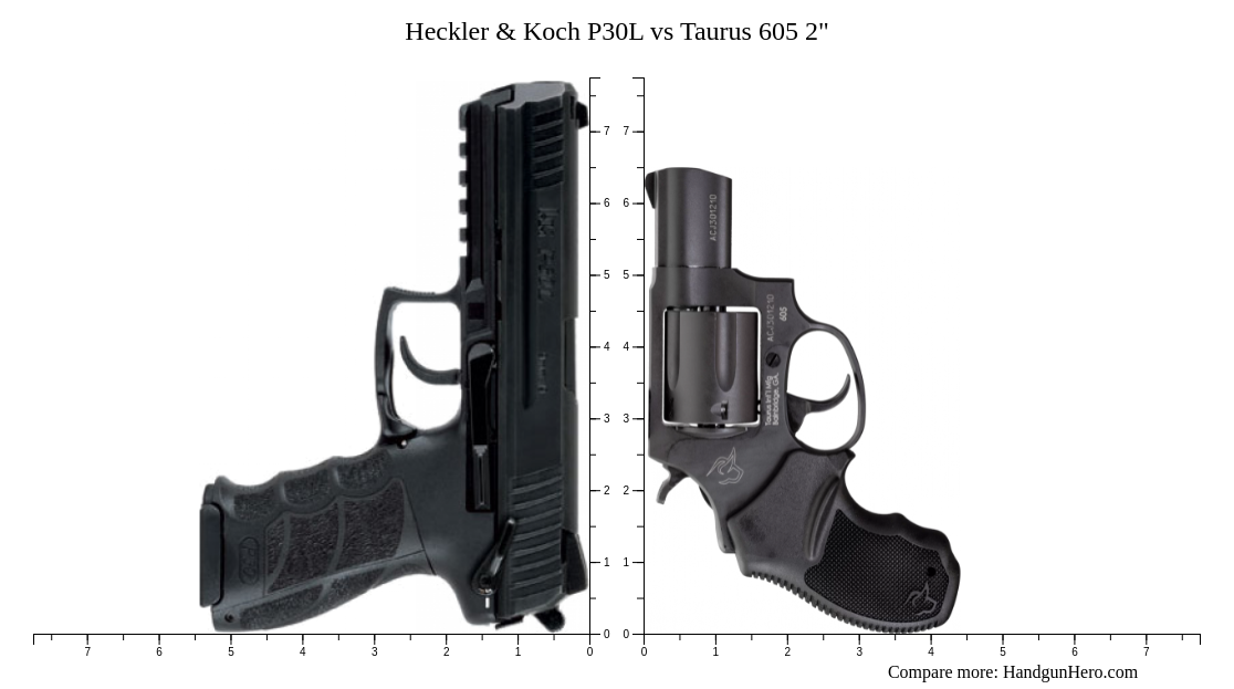 Heckler & Koch P30L vs Taurus 605 2" size comparison | Handgun Hero