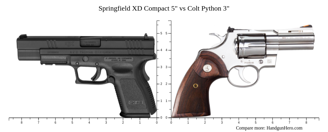 Springfield XD Compact 5" vs Colt Python 3" size comparison | Handgun Hero