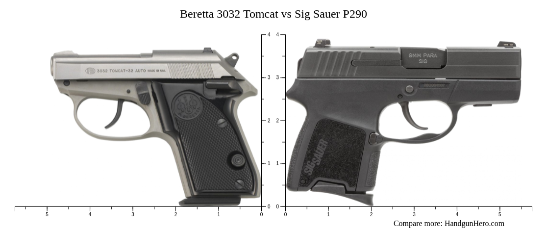 Beretta 3032 Tomcat vs Sig Sauer P290 size comparison | Handgun Hero
