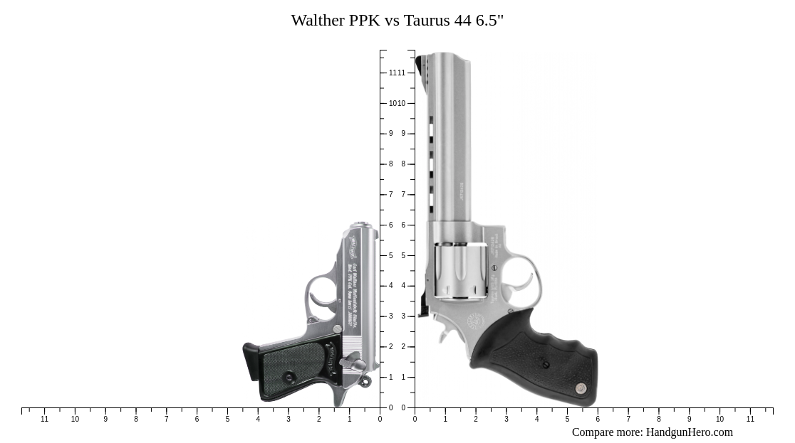 Walther PPK vs Taurus 44 6.5" size comparison | Handgun Hero