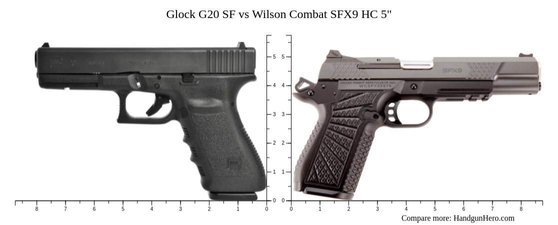 Glock G20 SF vs Wilson Combat SFX9 HC 5" size comparison | Handgun Hero