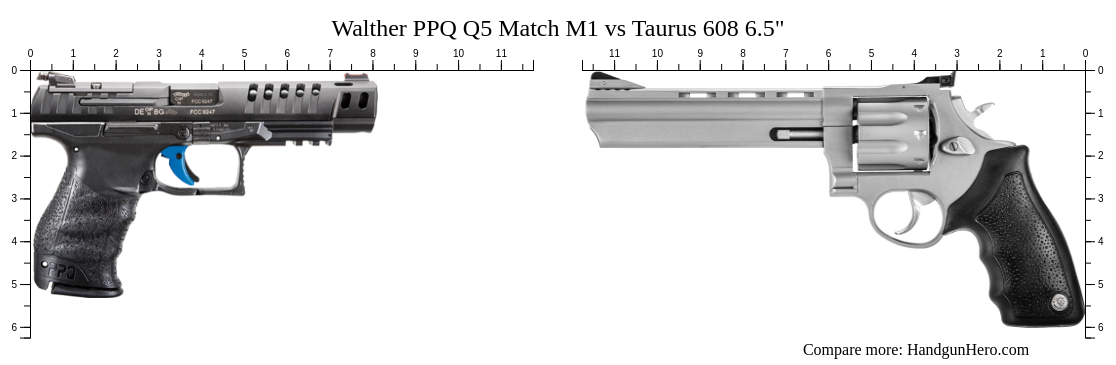 Walther PPQ Q5 Match M1 vs Taurus 608 6.5" size comparison | Handgun Hero