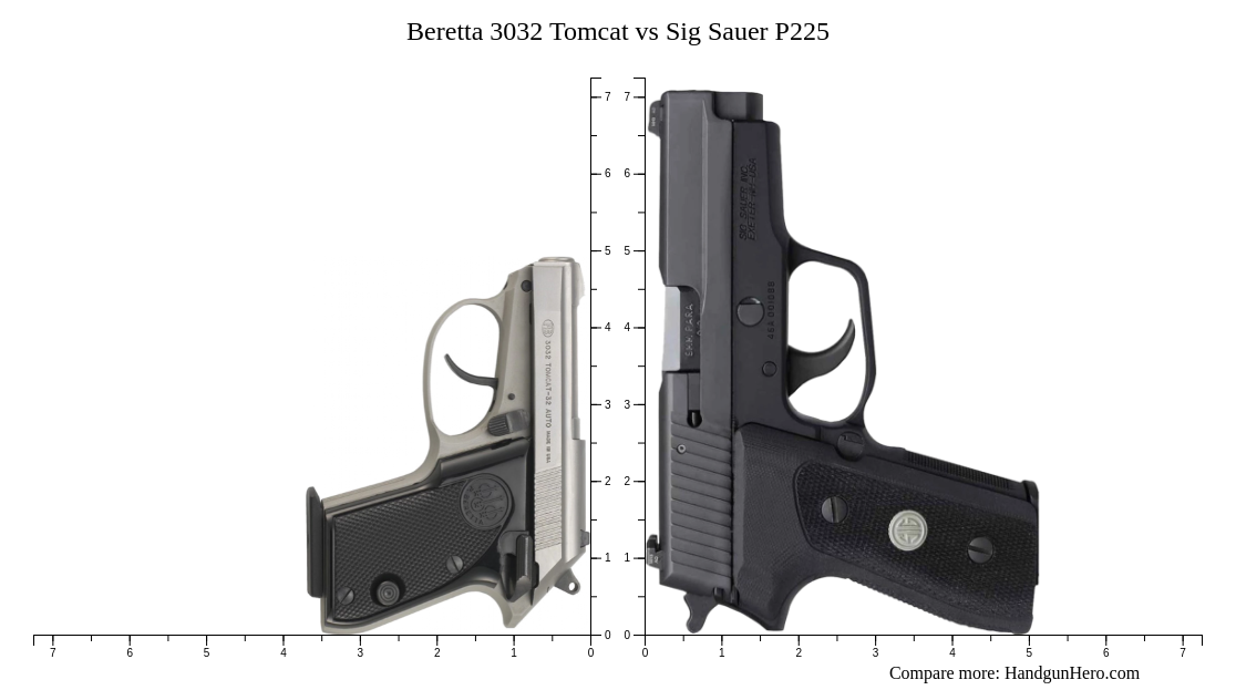 Beretta 3032 Tomcat vs Sig Sauer P225 size comparison | Handgun Hero